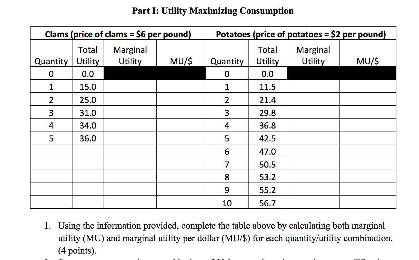 Solved Part I: Utility Maximizing Consumption Clams (price | Chegg.com