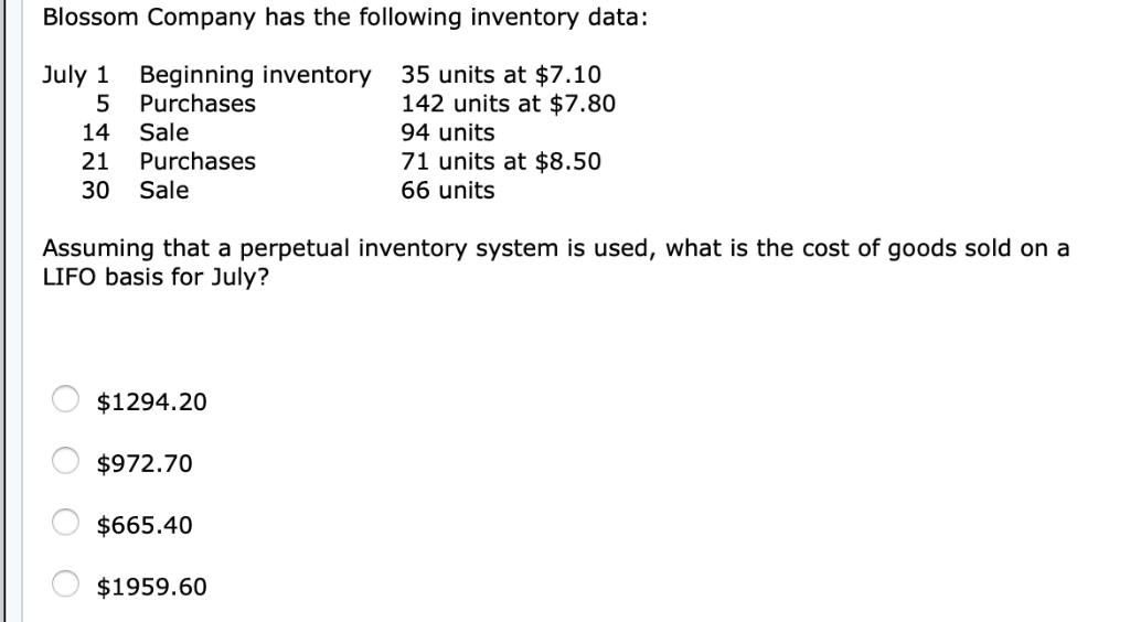 Solved Blossom Company has the following inventory data: | Chegg.com