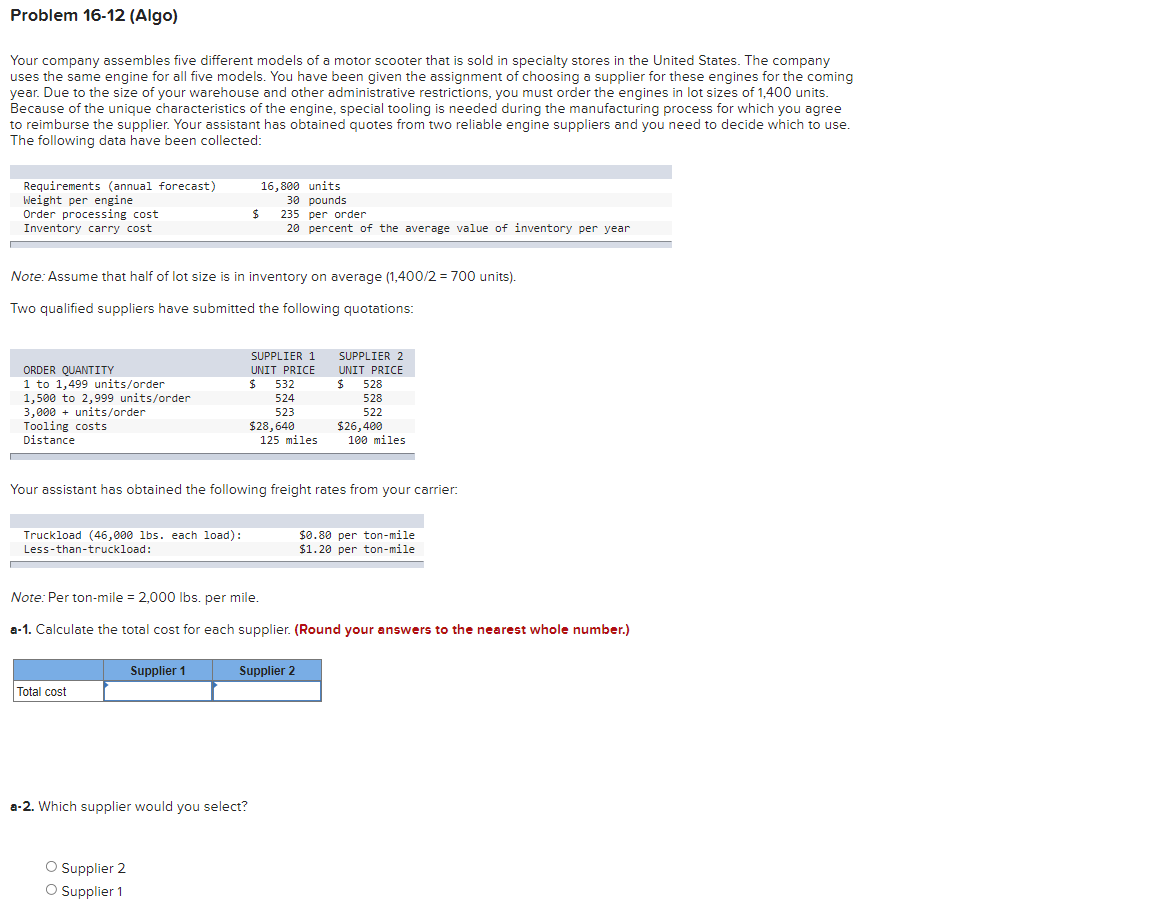 Solved Problem 16-12 (Algo) Your company assembles five | Chegg.com Solved Problem 16-12 (Algo) Your company assembles five | Chegg.com