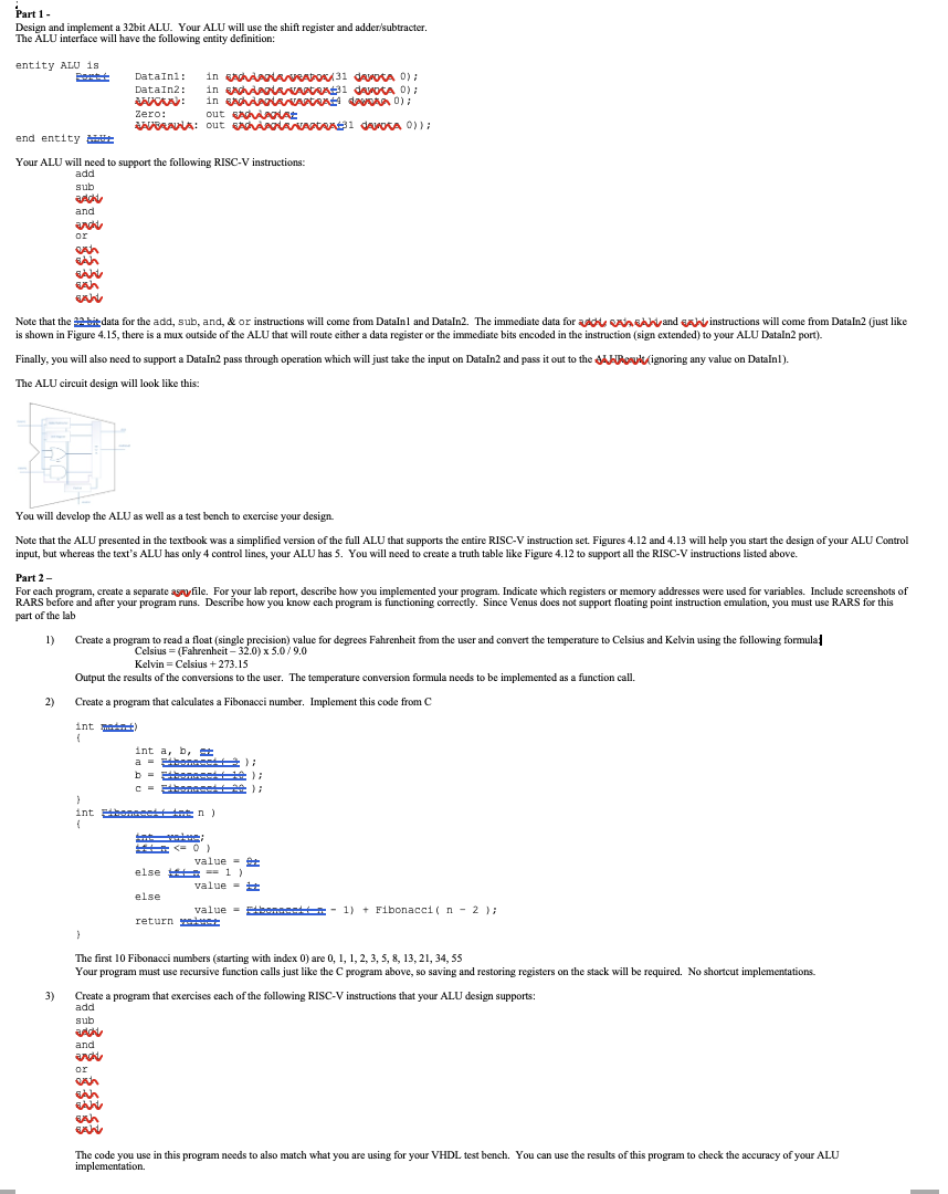 Part 1 - Design and implement a 32bit ALU. Your ALU | Chegg.com