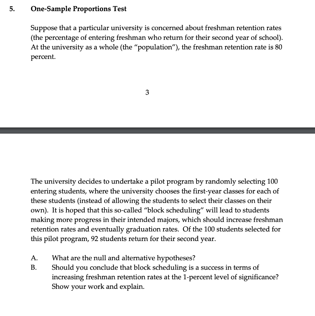 Solved 5. One-Sample Proportions Test Suppose that a | Chegg.com