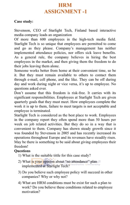 Solved HRM ASSIGNMENT-1 Case study: Stevenson, CEO of | Chegg.com