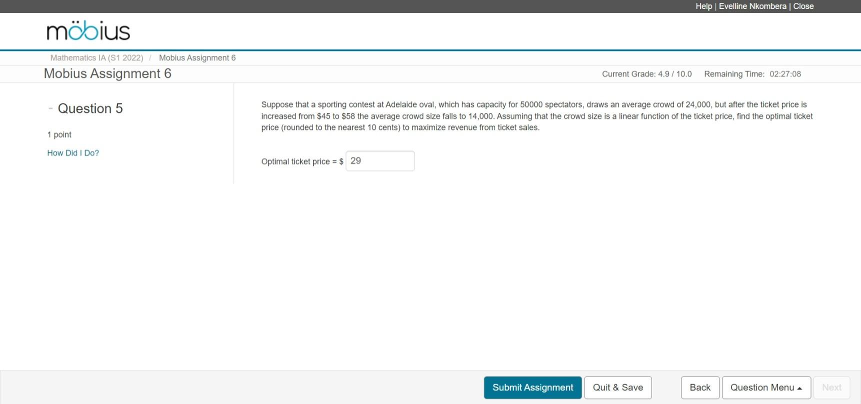 Solved möbius Mathematics IA (S1 2022) Mobius Assignment 6 | Chegg.com