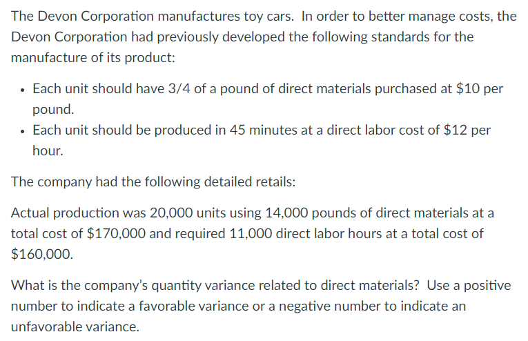 Solved The Devon Corporation manufactures toy cars. In order | Chegg.com