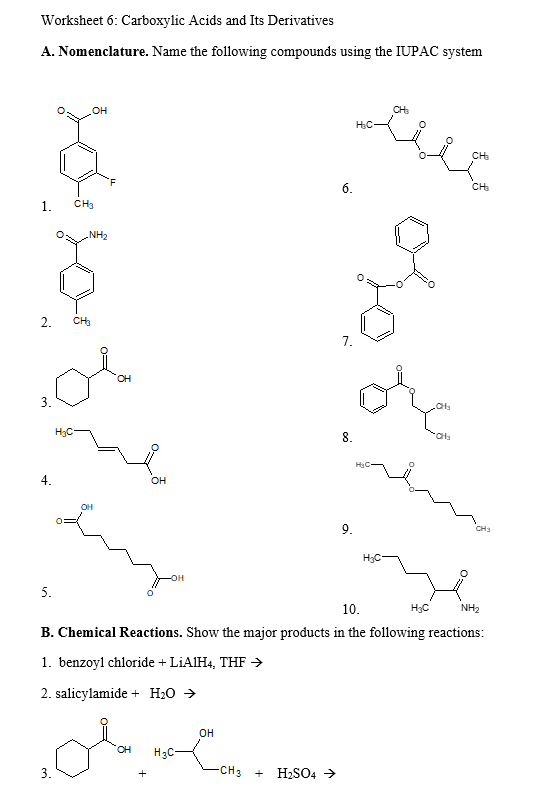 Solved Worksheet 6: Carboxylic Acids and Its Derivatives A. | Chegg.com