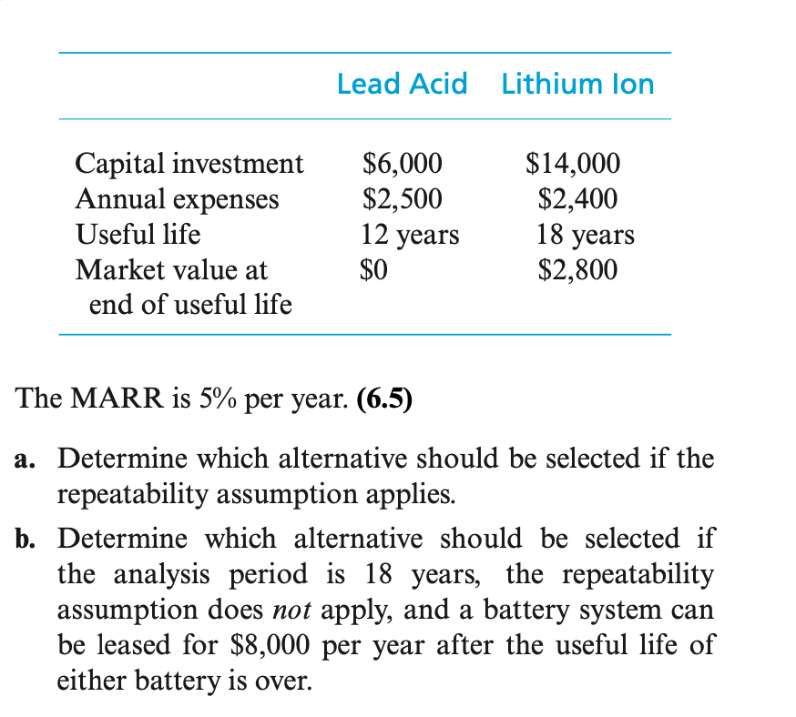 Solved The MARR is 5% per year. (6.5) a. Determine which | Chegg.com