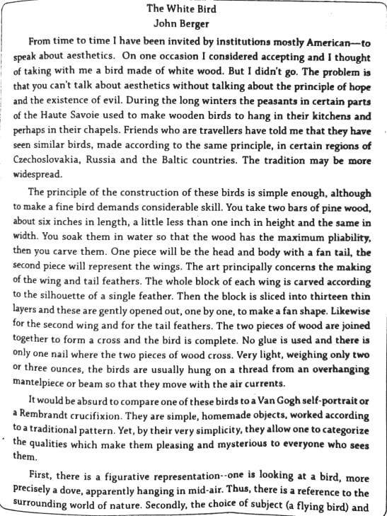 Solved The White Bird John Berger From time to time I have | Chegg.com