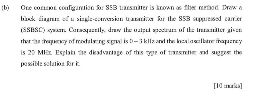 Solved (b) One common configuration for SSB transmitter is | Chegg.com