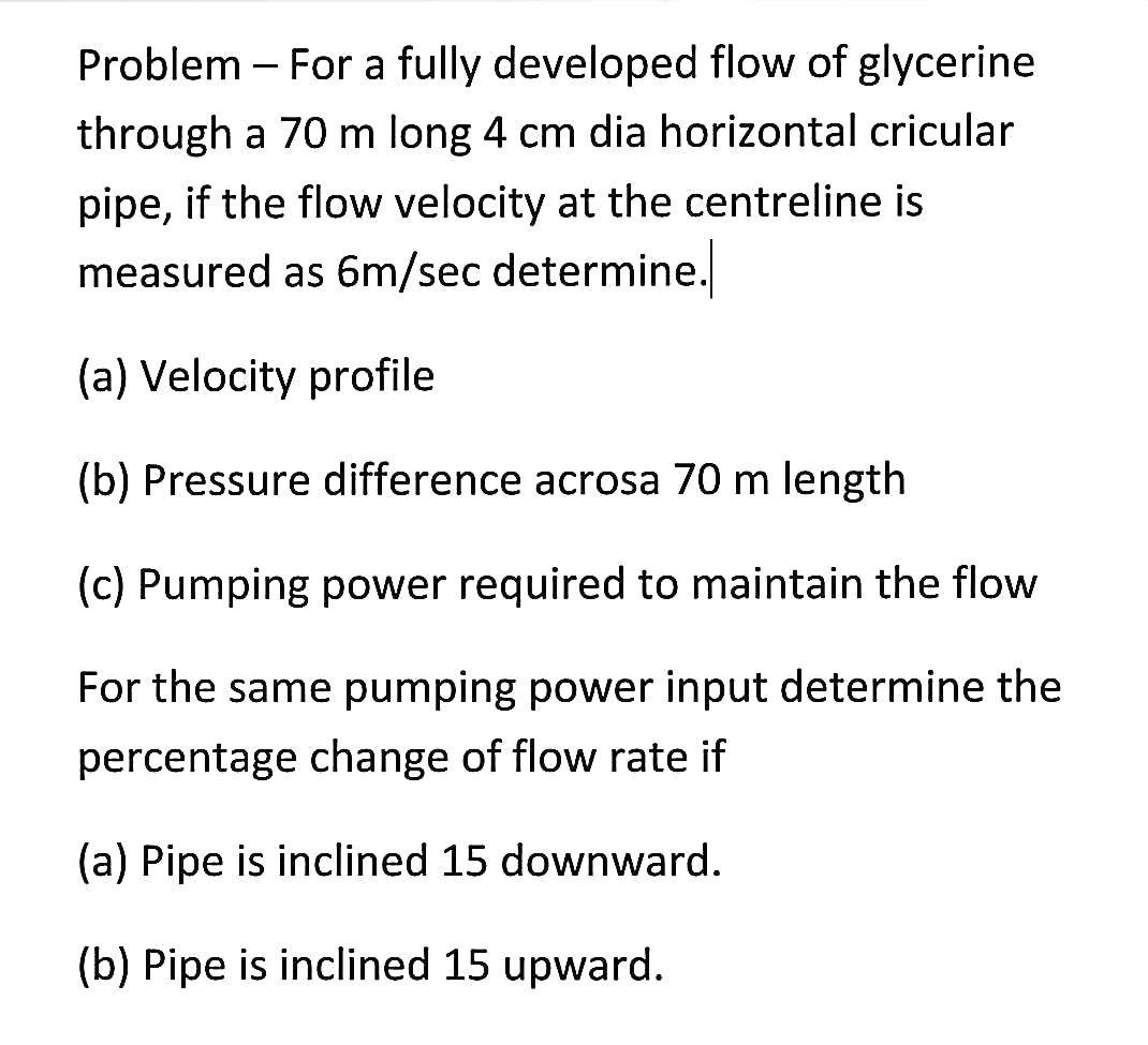 Solved Problem - For a fully developed flow of glycerine | Chegg.com