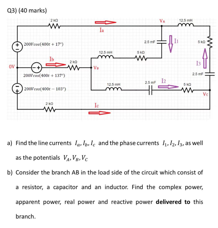 Solved 03) (40 marks) a) Find the line currents Ia,Ib,Ic and | Chegg.com