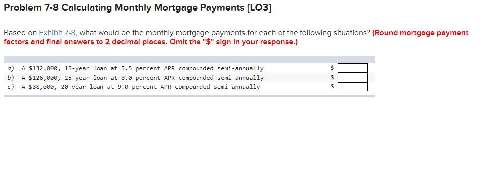 Solved Problem 7-8 Calculating Monthly Mortgage Payments | Chegg.com