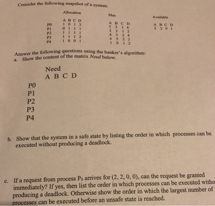 Solved Consider the following snapshot of a system: | Chegg.com