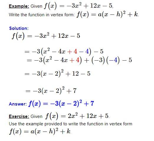 Example: Given f(x)=−3x2+12x−5 Write the function in | Chegg.com