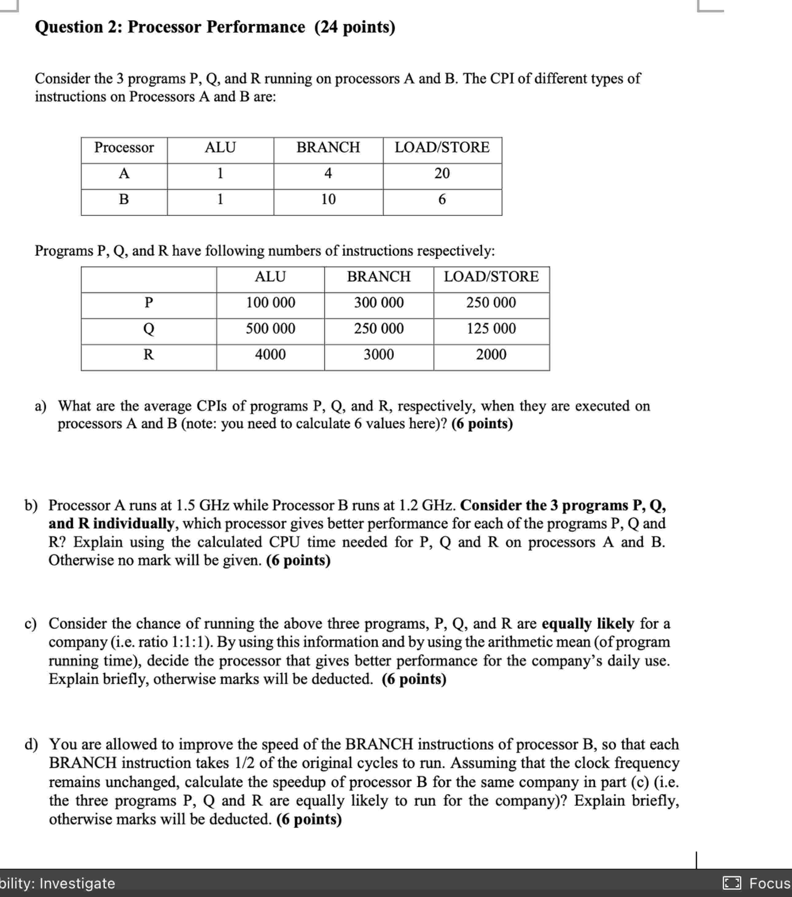 Question 2: Processor Performance (24 ﻿points) | Chegg.com