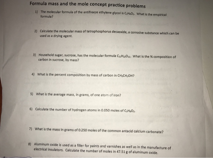 Solved Formula mass and the mole concept practice problem 1) | Chegg.com