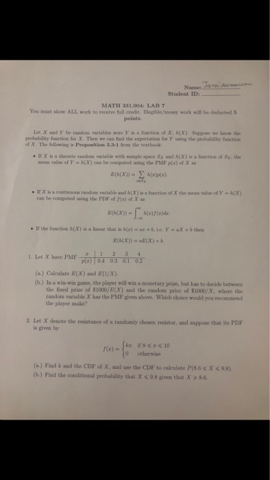 Solved Name Jene A Student ID:-- MATH 331.004: LAB 7 You | Chegg.com