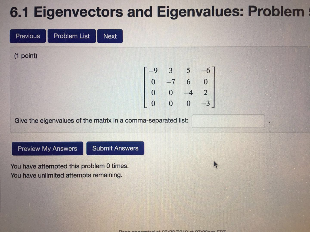 Solved 6.1 Eigenvectors and Eigenvalues: Problem Previous | Chegg.com