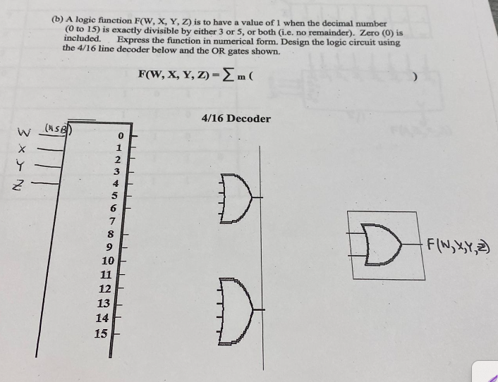 Solved (b) A logic function F(W,X,Y,Z) is to have a value of | Chegg.com