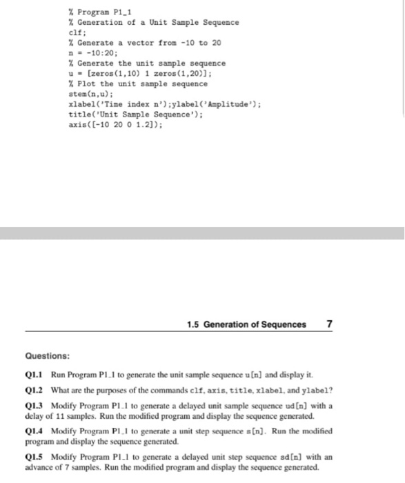 Solved % Program P1_1 % Generation of a Unit Sample Sequence | Chegg.com