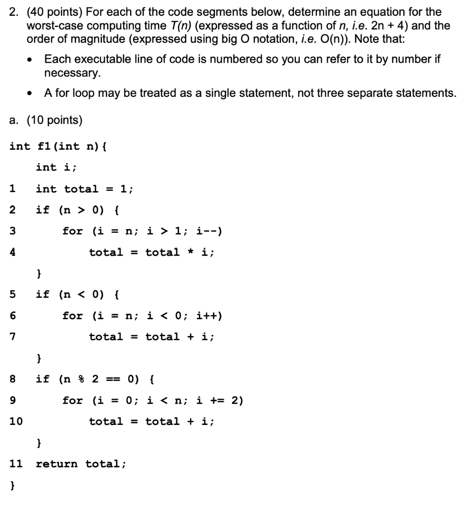 Solved 2. (40 points) For each of the code segments below, | Chegg.com