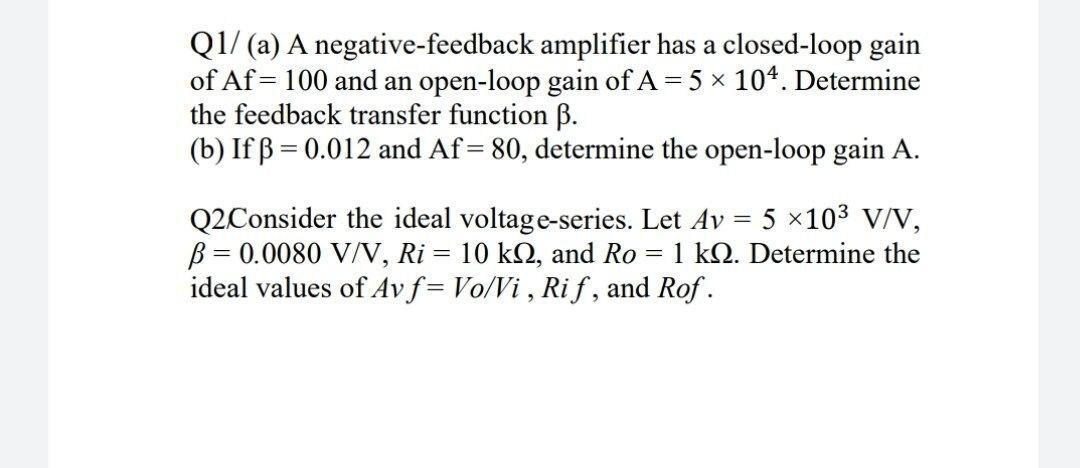 Solved Q1/(a) A negative feedback amplifier has a | Chegg.com