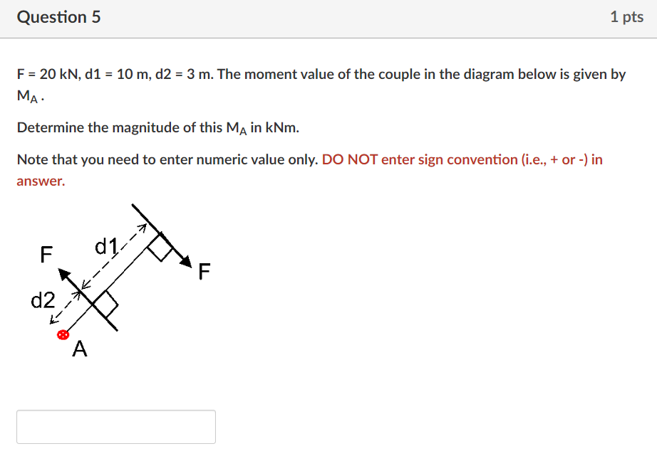 Solved F=20kN,d1=10 m, d2=3 m. The moment value of the | Chegg.com