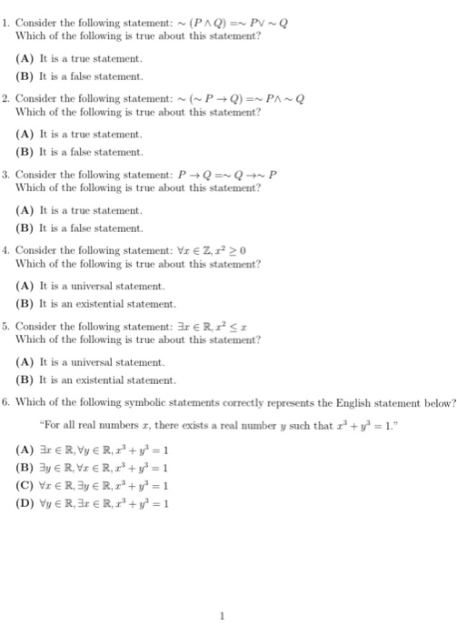 Solved 1 Consider The Following Statement ~ P Q ~ Pv ~