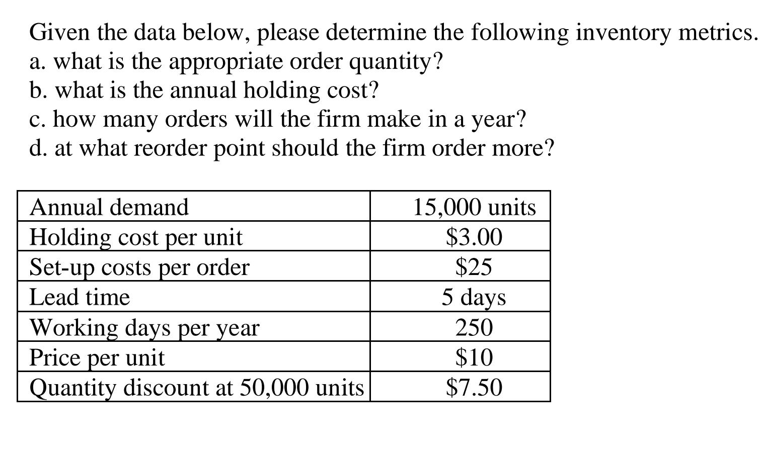 Solved Given the data below, please determine the following | Chegg.com