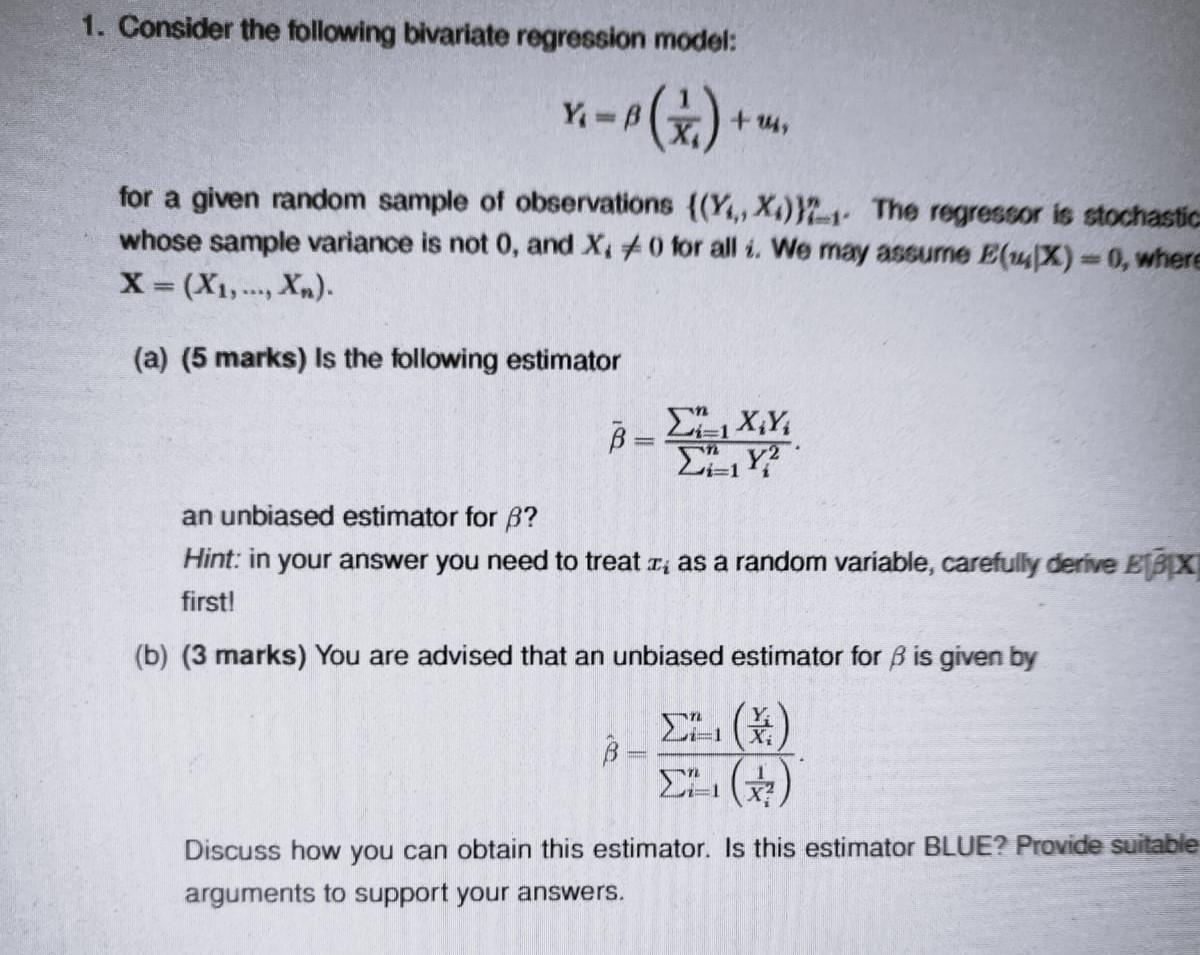 Solved 1. Consider the following bivariate regression model: | Chegg.com