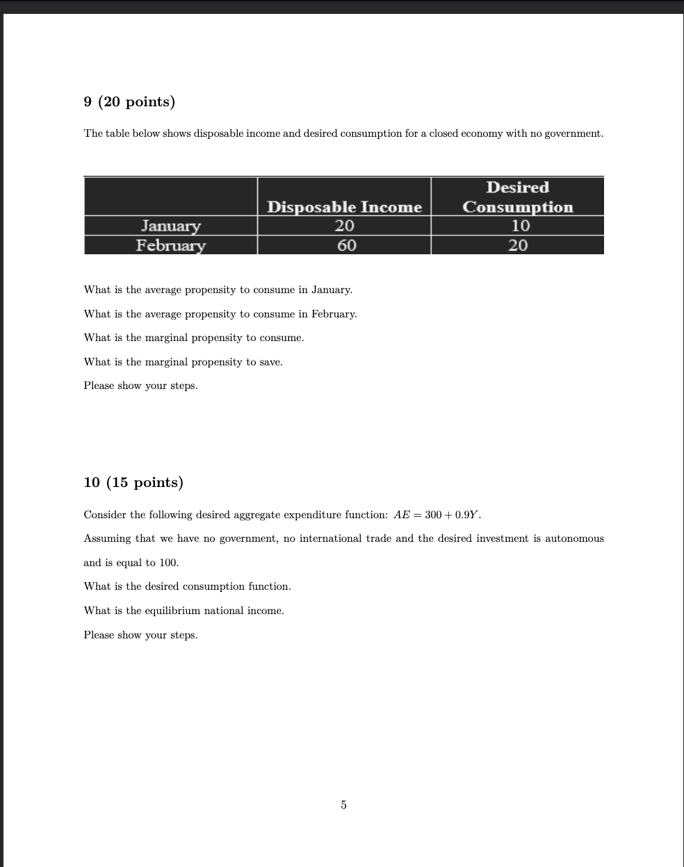 Solved 9(20 points ) The table below shows disposable income | Chegg.com