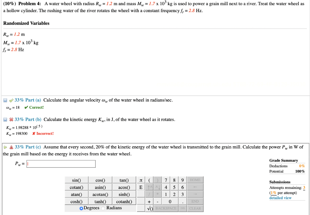 Solved (10\%) Problem 4: A water wheel with radius Rw=1.2 m | Chegg.com