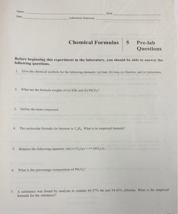 Solved Name Desk Date Laboratory Instructor Chemical | Chegg.com