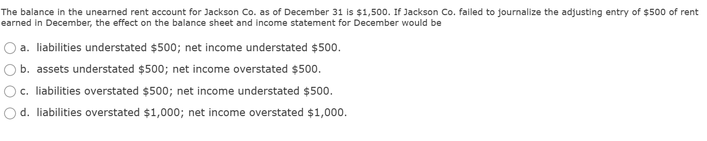 Solved The balance in the unearned rent account for Jackson | Chegg.com