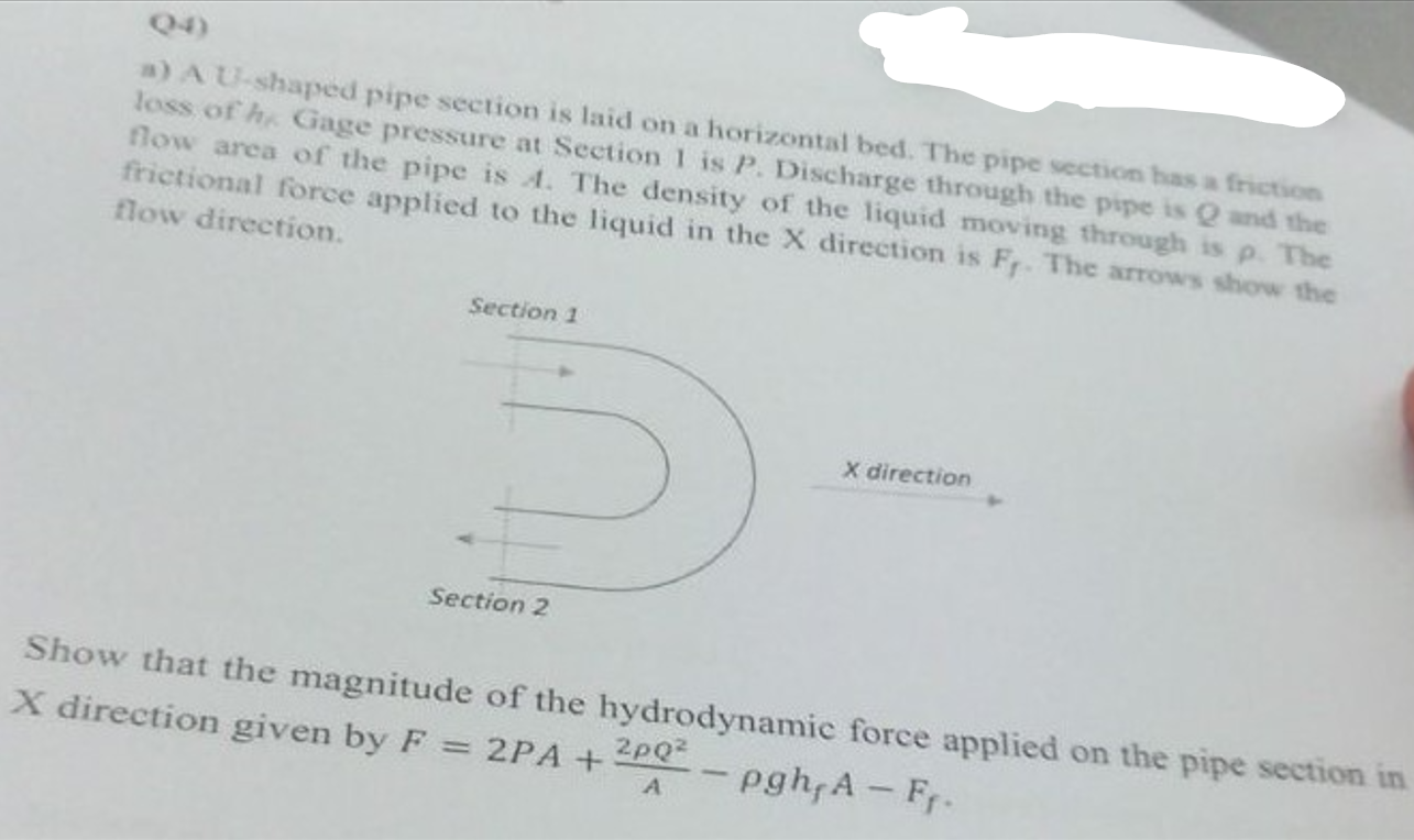 Solved a) A U-shaped pipe section is laid on a horizontal | Chegg.com