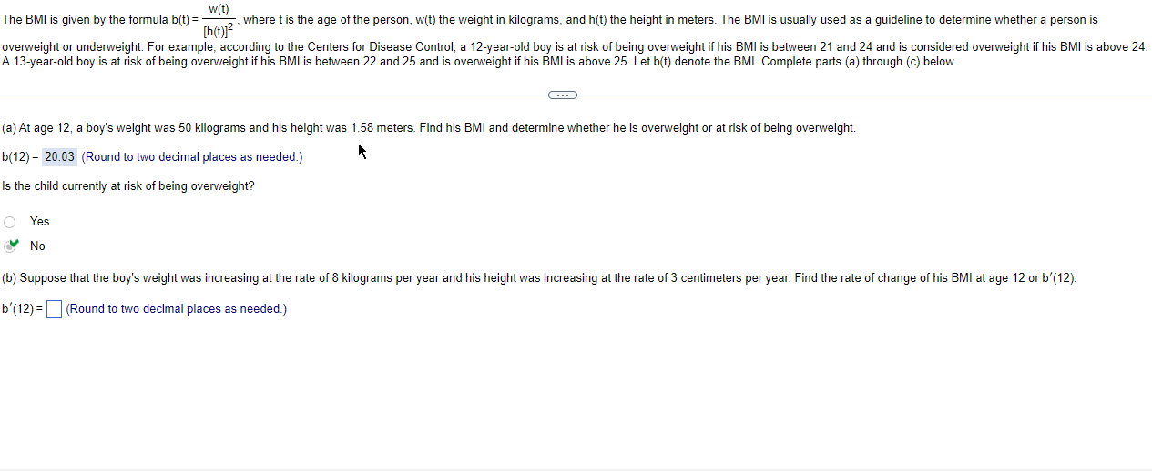 Solved The BMI is given by the formula b(t)=[h(t)]2w(t), | Chegg.com