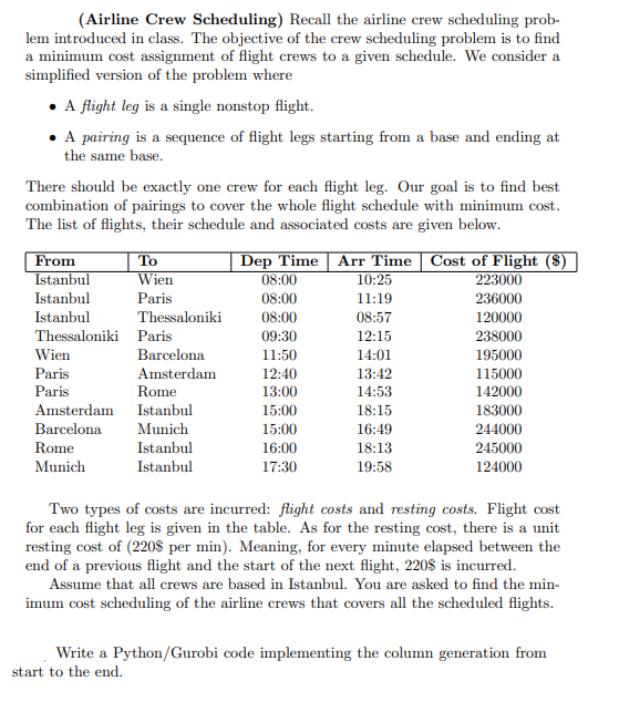 Solved Airline Crew Scheduling Recall The Airline Crew