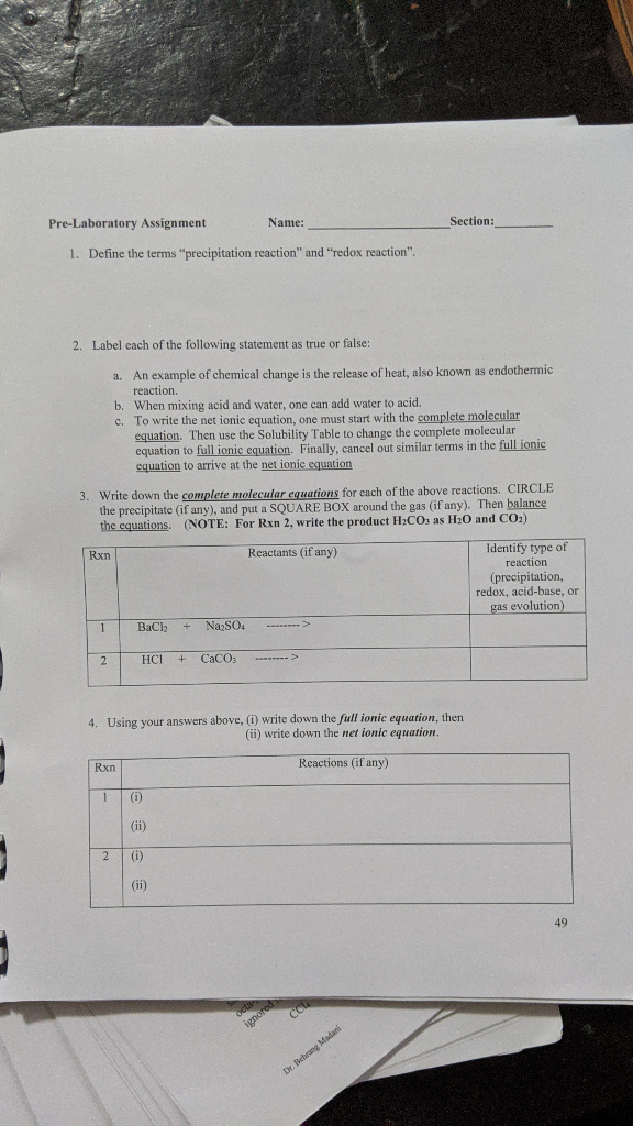 Solved Pre-Laboratory Assignment Name: Section: 1. Define | Chegg.com
