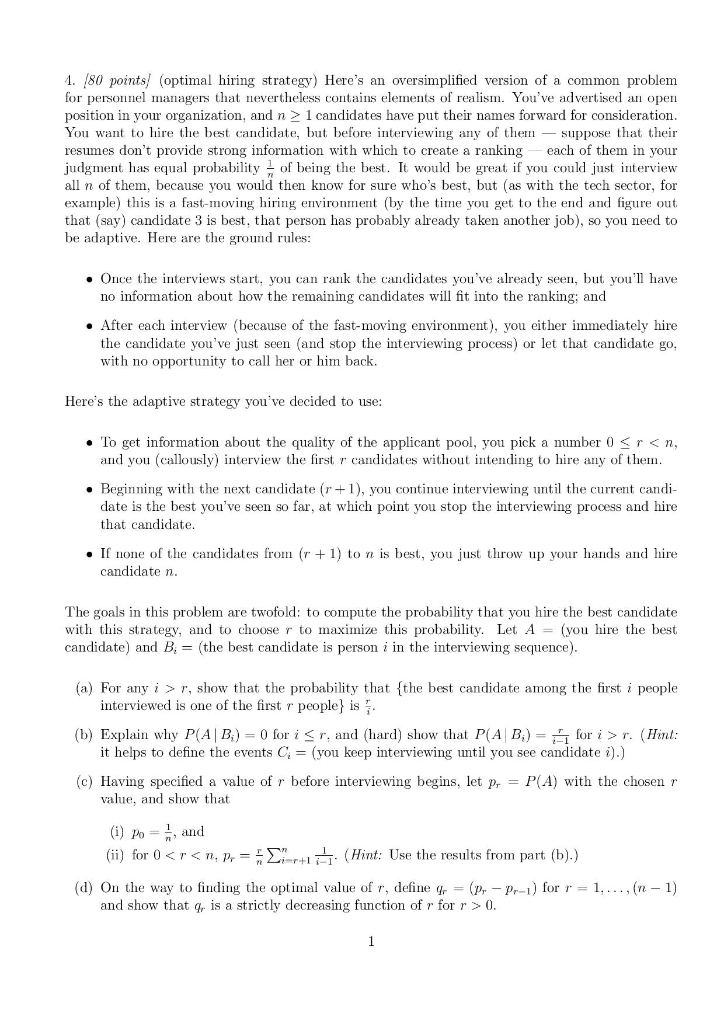 Solved 1. 80 points (optimal hiring strategy) Here's an | Chegg.com