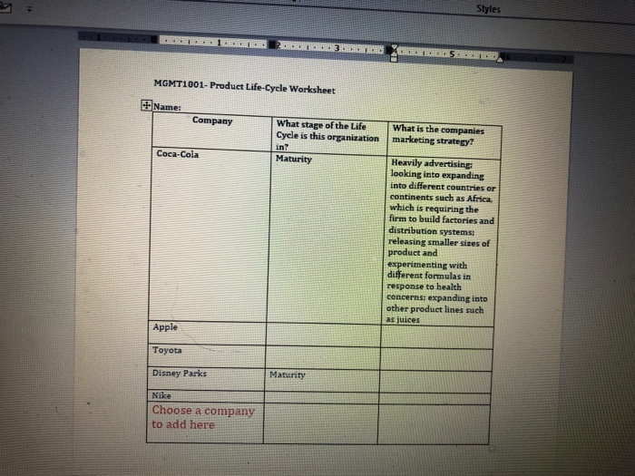 Solved Styles MGMT1001- Product Life-Cycle Worksheet Name | Chegg.com