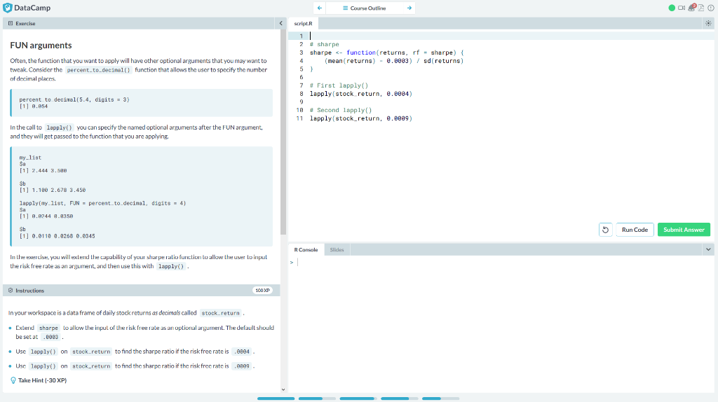 Solved DataCamp + = Course Outline → Exercise script.R FUN | Chegg.com