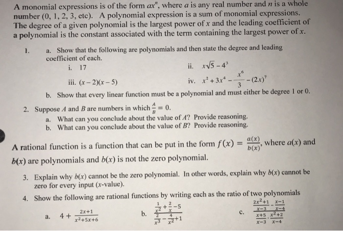Solved A monomial expressions is of the form ax", where a is | Chegg.com
