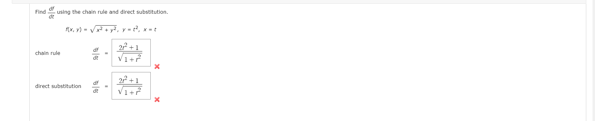 Solved df Find using the chain rule and direct substitution. | Chegg.com