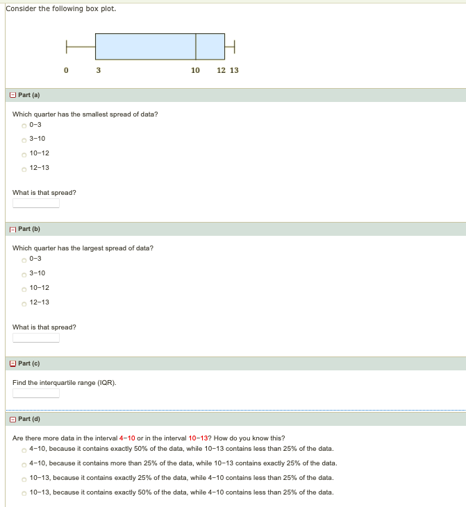 Solved Consider the following box plot. 03 10 12 13 Part (a) | Chegg.com
