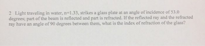 Solved 2 Light traveling in water, n=1.33, strikes a glass | Chegg.com