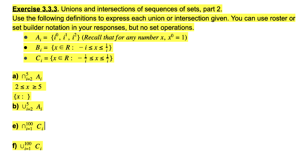 Solved Exercise 3.3.3. Unions and intersections of sequences | Chegg.com