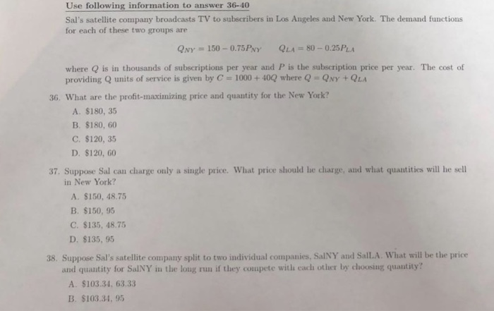 Solved Use following information to answer 36-40 Sal's | Chegg.com