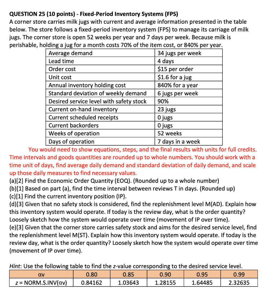 Solved QUESTION 25 (10 points) - Fixed-Period Inventory | Chegg.com