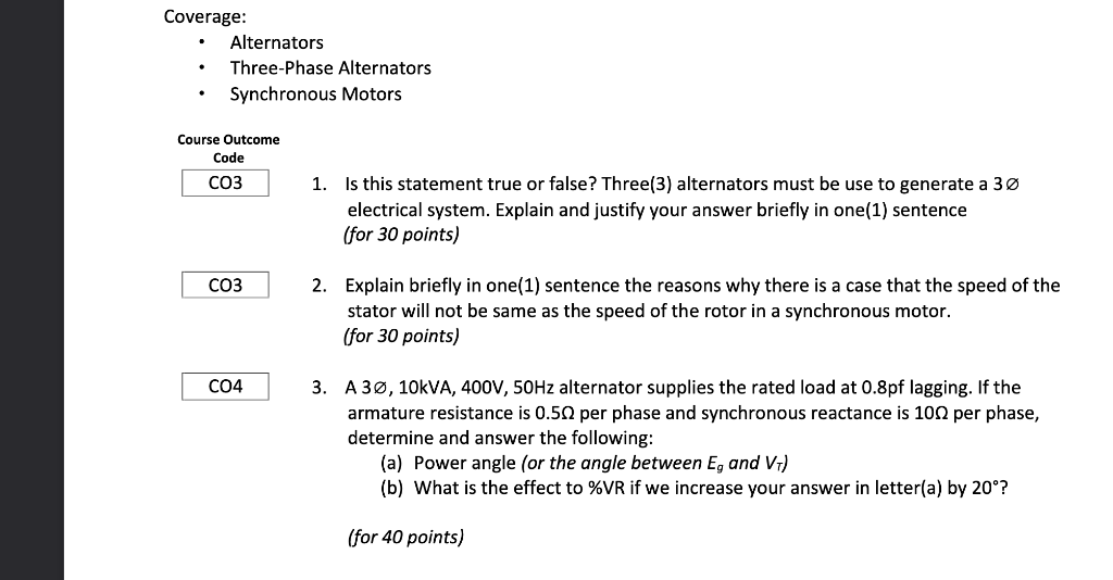 Solved Coverage: Alternators Three-Phase Alternators | Chegg.com