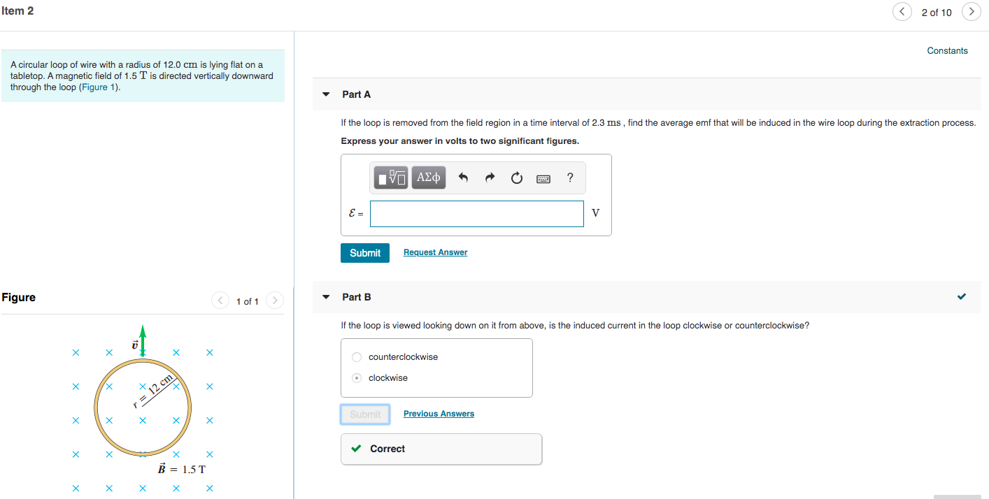 Solved Item 2 2 of 10 > Constants A circular loop of wire | Chegg.com