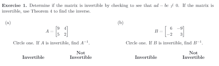 Solved Exercise 1. Determine if the matrix is invertible by | Chegg.com
